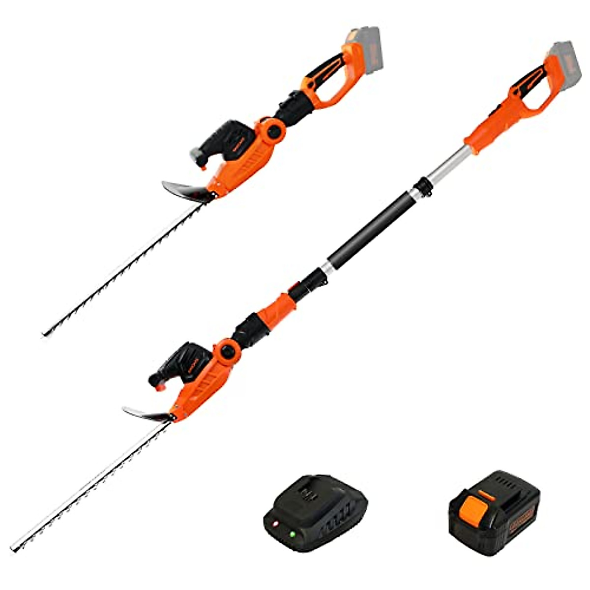 GARCARE Cordless Pole Hedge Trimmer, 2 in 1 Electric Telescopic Hedge Trimmers Long Reach with 20V 4.0Ah Battery and Quick Charger (20inch Cutting Blade Length, 3/4inch Cutting Capacity, 1200rpm)