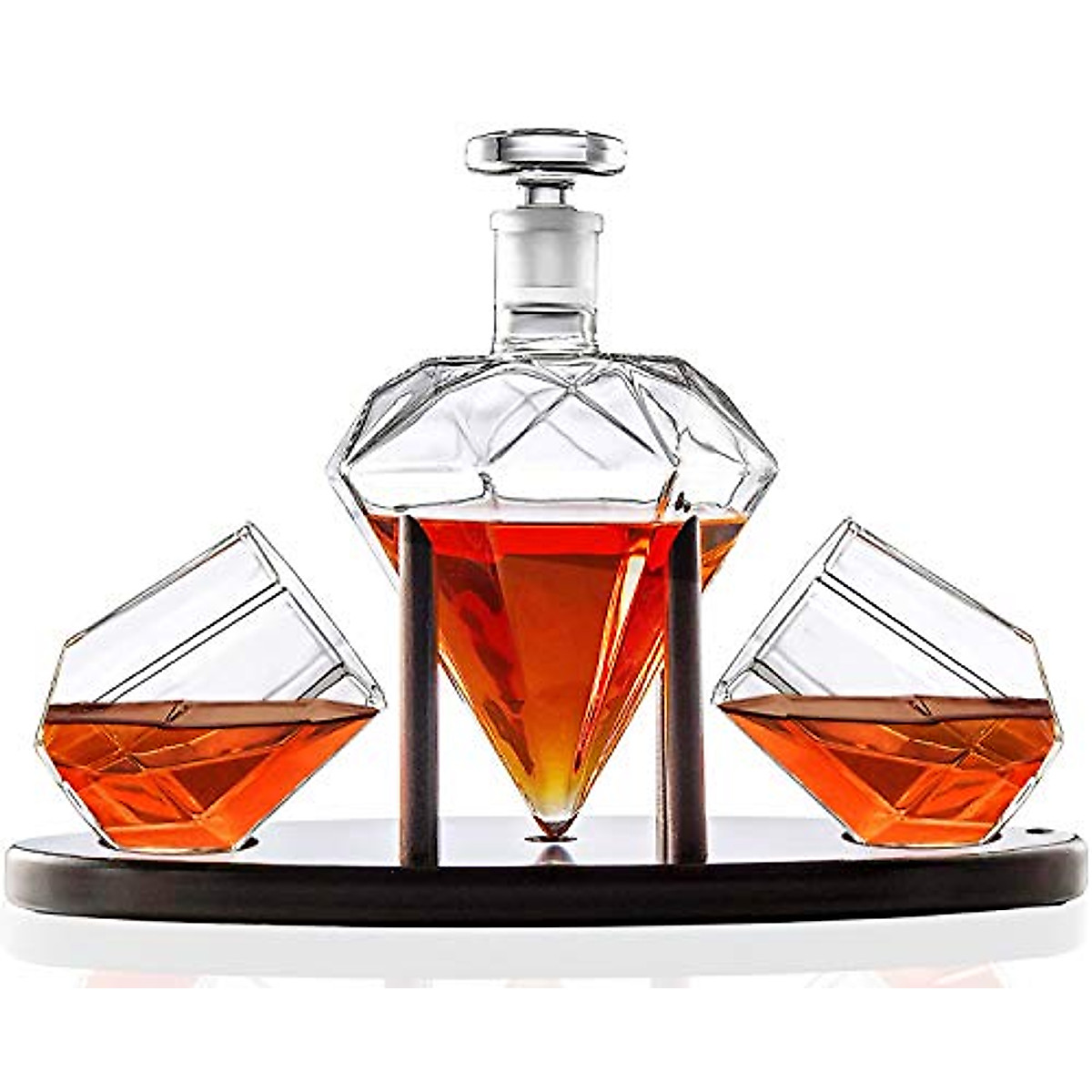 Whiskey Decanter Diamond shaped With 2 Diamond Glasses & Mahogany Wooden Holder – Elegant Handcrafted Crafted Glass Decanter For Liquor, Scotch, Rum, Bourbon, Vodka, Tequila – Great Gift Idea – 750ml