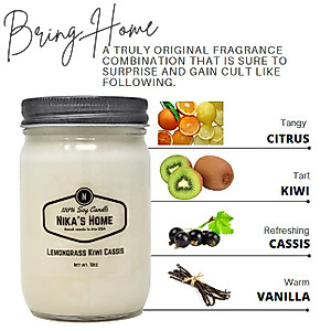 Nika's Home Lemongrass Kiwi Cassis Soy Candle 12oz Mason Jar Non-Toxic White Soy Candle-Hand Poured Handmade, Long Burning 50-60 Hours Highly Scented All Natural, Clean Burning Gift Décor