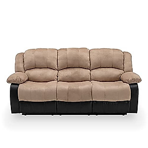 Nathaniel Home Manual Double Reclining Sofa PU Leather Upholstered 3-Seat Couch for Living Room Home Theater, Beige