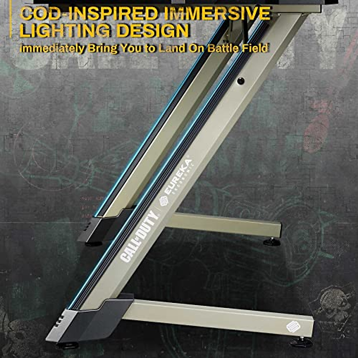 EUREKA ERGONOMIC & Call of Duty UAV Gaming Desk, RGB LED 45 Inch Z Shaped Home Office PC Computer Gamer Table with Fiber Light Dual Headphone Holder Cable Ties for Gamer Gifts, Black & Brass