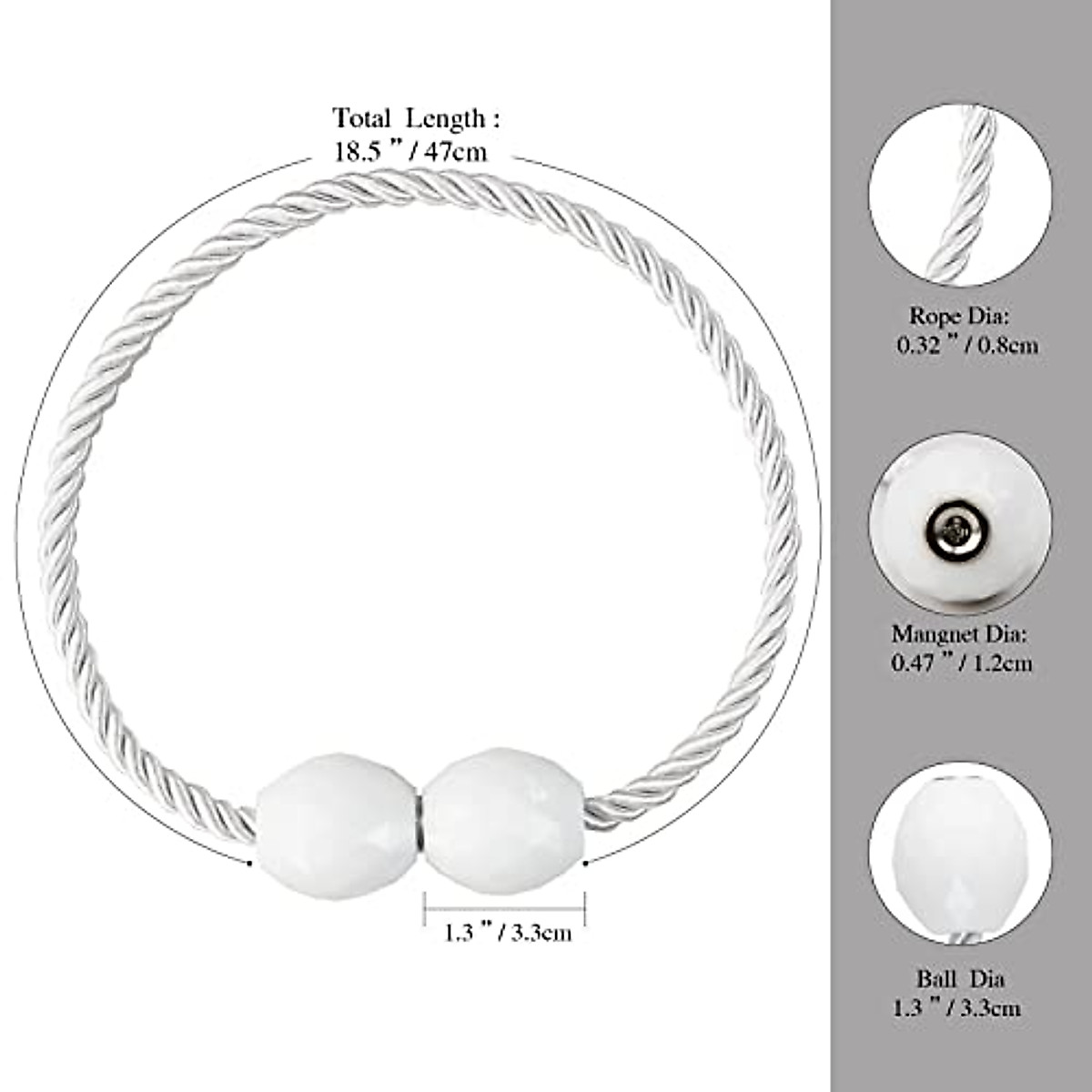 Hangtty 4 Pack Strong Magnetic Curtain Tiebacks Rope Decorative Curtain Tie Backs Magnetic Curtain Holders for Drapes Window Treatment Holdbacks, White
