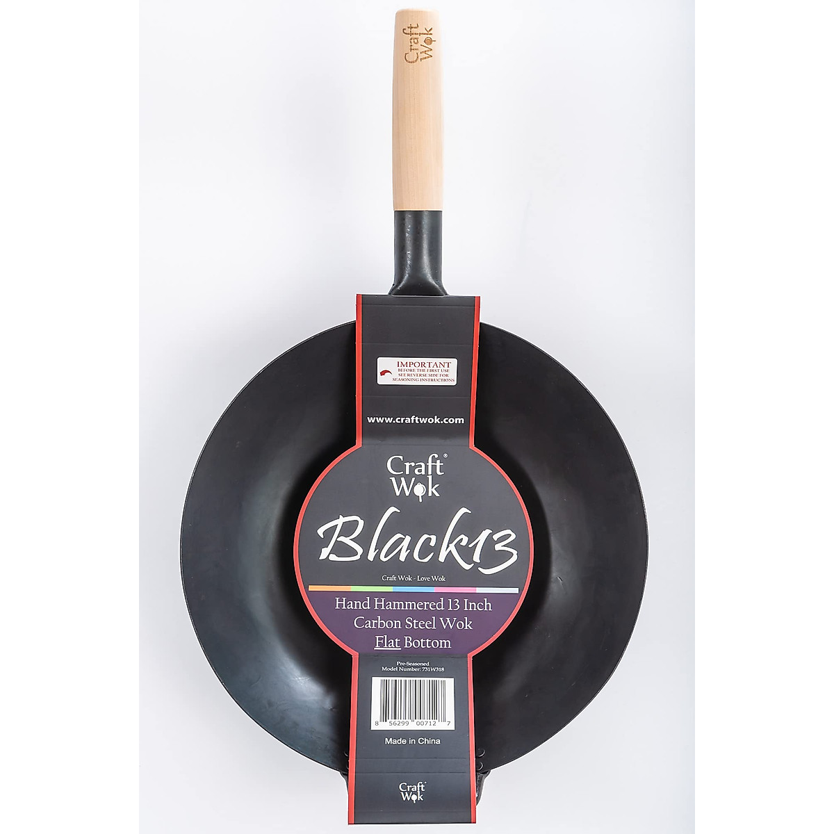 Craft Wok Black13 Flat Pre-Seasoned Hammered Carbon Steel Wok with Wooden and Steel Helper Handle (13 Inch, Flat Bottom)