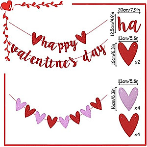 Red Glitter Happy Valentines Day Banner and Red Pink Hearts Garland For Girls Women Valentine's Day Theme Romantic Wedding Anniversary Engagement Bridal Shower Party Supplies Glitter Decorations