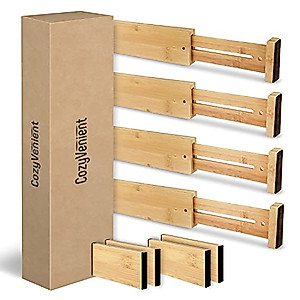 CozyVenient Adjustable Bamboo Drawer Dividers for Clothes, Kitchen Utensils, Office Desks, Bathroom Accessories, Socks and Underwear, and Personal Items, 4 Dividers with 4 Partitions