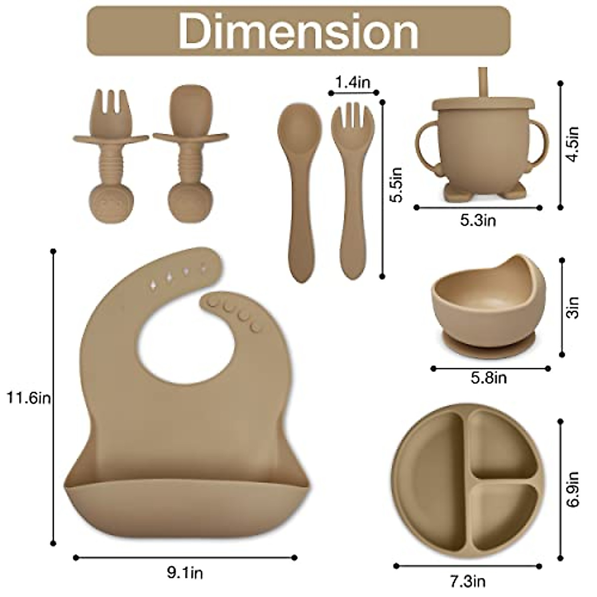 mutualproducts - Baby Feeding Set 10-Piece | Baby Led Weaning Utensils Set Includes Suction Bowl and Plate, Baby Spoon and Fork, Sippy Cup with Straw and Lid | Baby Feeding Supplies Set (B-Beige)