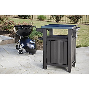 Keter Unity Portable Outdoor Table and Storage Cabinet with Hooks for Grill Accessories-Stainless Steel Top for Patio Kitchen Island or Bar Cart