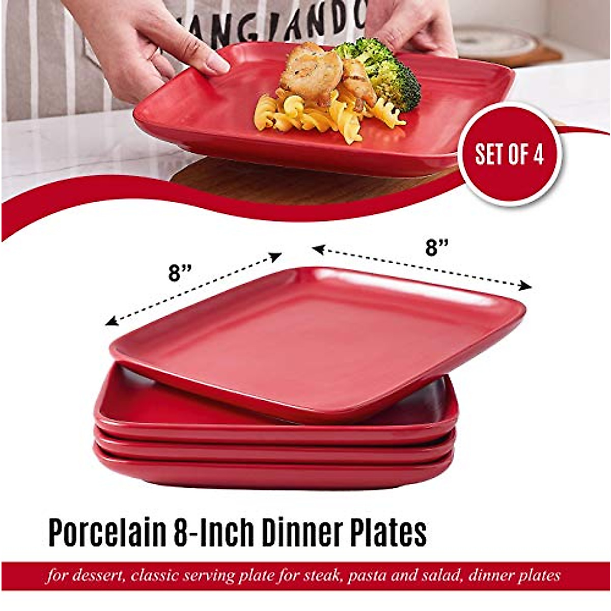 Bruntmor 8 inch Ceramic Dinner Plates- Set of 4, Porcelain Pasta Salad Plate Set For Kitchen, Dinnerware Dish Set, Dishwasher & Microwave Safe - Red