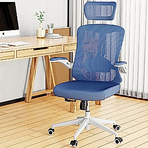 balmstar Ergonomic Office Chair, Home Office Desk Chair with Adjustable Headrest & Lumbar Support, Swivel High Back Computer Chair, Breathable Mesh Desk Chair, PU Silent Wheels, Flip-Up Arms (Blue)