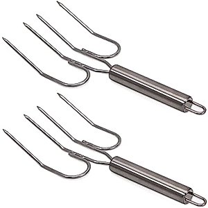 Goeielewe 2-Pack Stainless Steel Turkey Lifter Multi-end Turkey Fork Pork Steak Grill Fork BBQ Hot Dog Roasting Sticks Camping Needle Skewers Thanksgiving