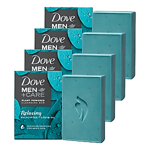 DOVE MEN + CARE Cleansing Bar Soap Eucalyptus + Cedar Oil 4 Count to Rebuild Skin in the Shower, a 4in1 Hair, Body, Face & Shaving Bar with Plant-Based Cleanser and Natural Oils 5 oz