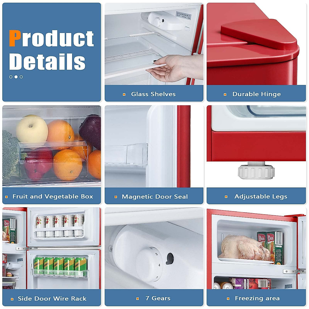 Antarctic Star Mini Refrigerator 3.1Cu.Ft Compact Refrigerator 2-Double Doors with a Freezer Low Noise Defrost Storage of Beverages Vegetables and Fruits for Home Office Dormitory Red