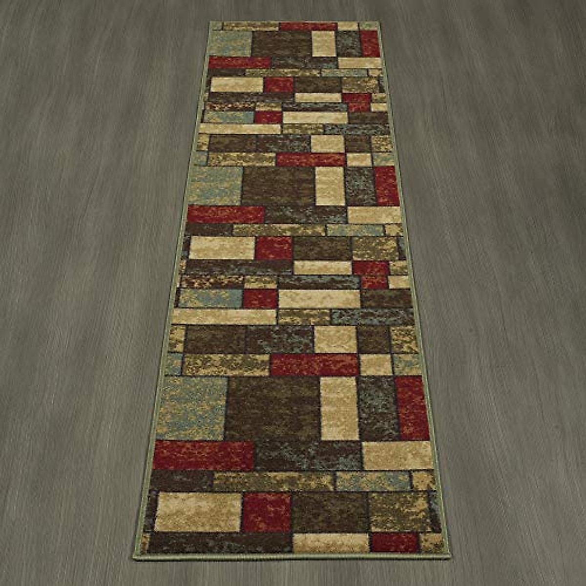 Machine Washable Boxes Design Non-Slip Rubberback 3x10 Traditional Runner Rug for Hallway, Kitchen, Bedroom, Living Room, 2'7" x 9'10", Multicolor