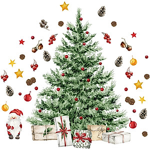 Large Christmas Tree Wall Decals Merry Christmas DIY Watercolor Wall Stickers Peel and Stick Removable Christmas Tree Giant Wall Decals for Bathroom Bedroom Living Room Offices Home Decoration
