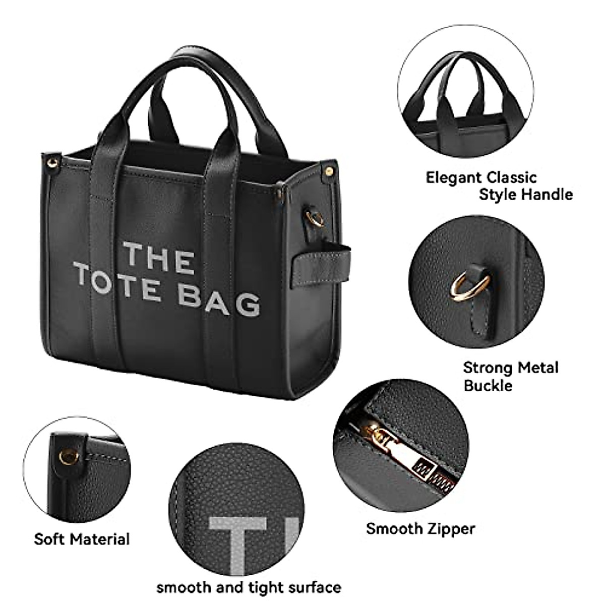 YUESUO Tote Bag for Women, The Tote Bag with Zipper, Trendy Personalized Oversized Medium PU Leather Tote Bag Top-Handle Shoulder Crossbody Bags.（Small-Black）