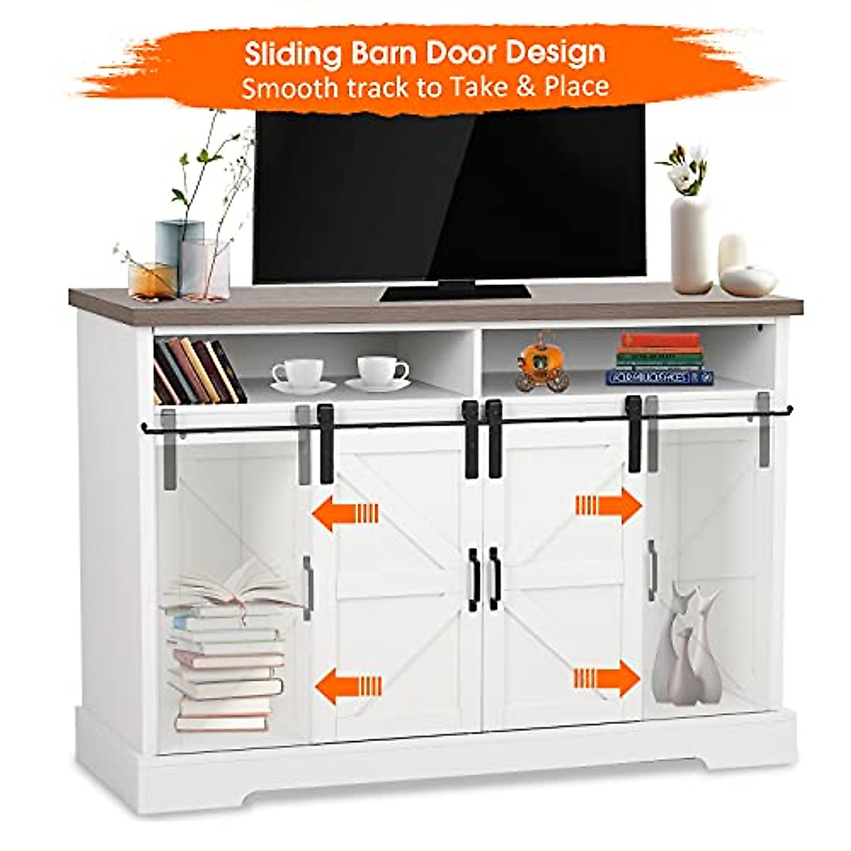 MFSTUDIO Farmhouse Coffee Bar Cabinet, 52" Sideboard Buffet Storage Cabinet TV Stand with Sliding Barn Door for Kitchen Dining Room Living Room, Ivory