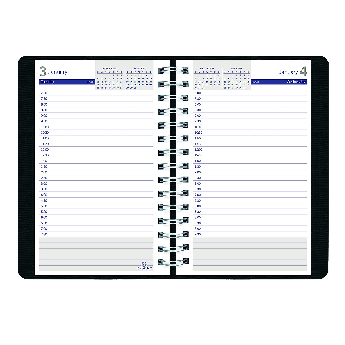 Blueline DuraGlobe Daily Planner, 30-Minute Appointments, 8 x 5, Black Soft Cover, 12-Month (Jan to Dec): 2023