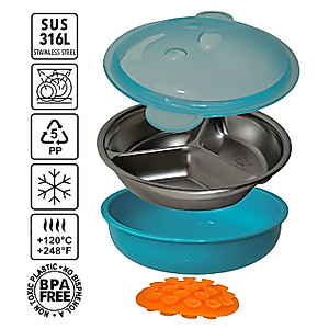 Wild & Free Ranch Stainless Steel Plate and Bowl Combo with Strong Anti-Slip Removeable Suction and Semi-Transparent Lid Designed for Children (Blue)