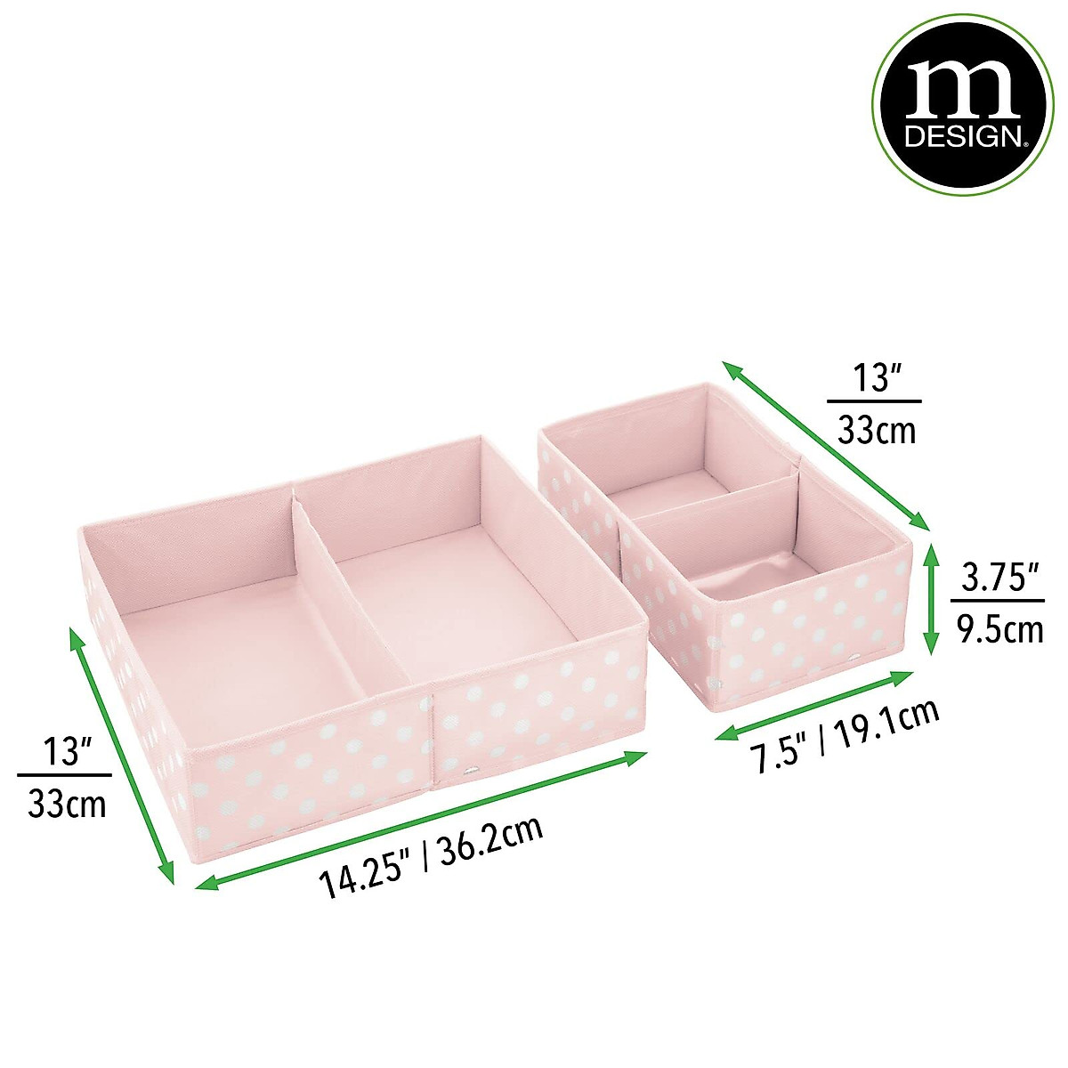 mDesign Fabric Drawer Organizer Bins, Kids/Baby Nursery Dresser, Closet, Shelf, Playroom Organization, Hold Clothes, Toys, Diapers, Bibs, Blankets, Set of 2, 6 Pack, Pink/White Polka Dot