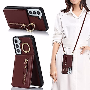 Jaorty Samsung Galaxy S21 5G Phone Case for Women with Card Holder,Crossbody Phone Case for Samsung Galaxy S21 with Strap Lanyard,Credit Card Slots Kickstand Case with Ring Holder,Burgundy