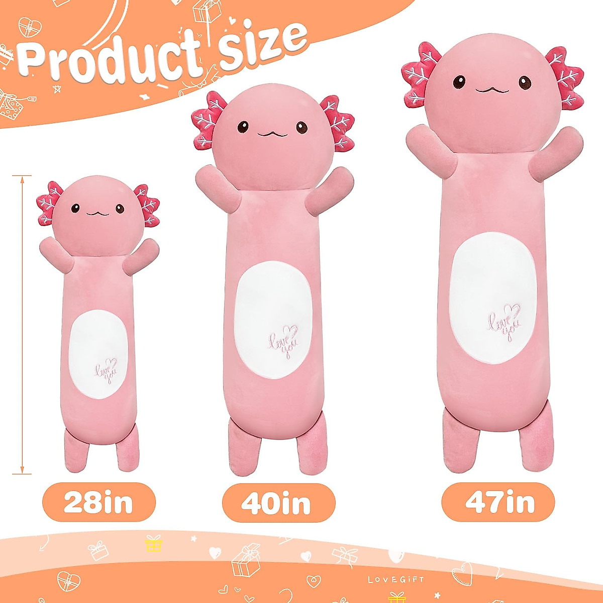 NXNYNZ Pink Long Axolotl Plush Body Pillow, Cute Axolotl Stuffed Animal, Axolotl Body Pillow Long Plush Doll for Kids Children Adults Gifts 47"