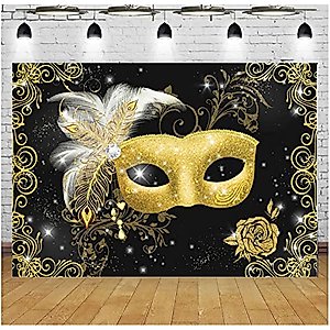 Masquerade Backdrop Curtain Gold Mask Gold Rose Pattern Carnival Birthday Background Decoration Banner Adult Portrait Photography Banner Vinyl (6ft×4ft)