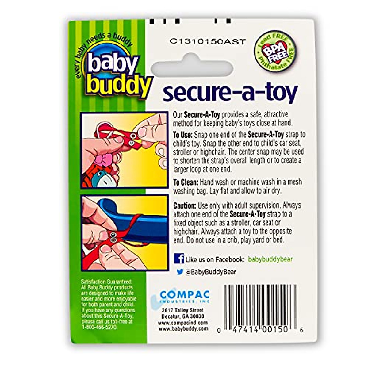 Baby Buddy Secure-A-Toy - Straps Toys, Teether, or Pacifiers to Strollers, Highchairs, Car Seats— Safety Leash With Adjustable Length to Keep Toys Sanitary & Clean, Pink/White 2 Count (Pack of 2)