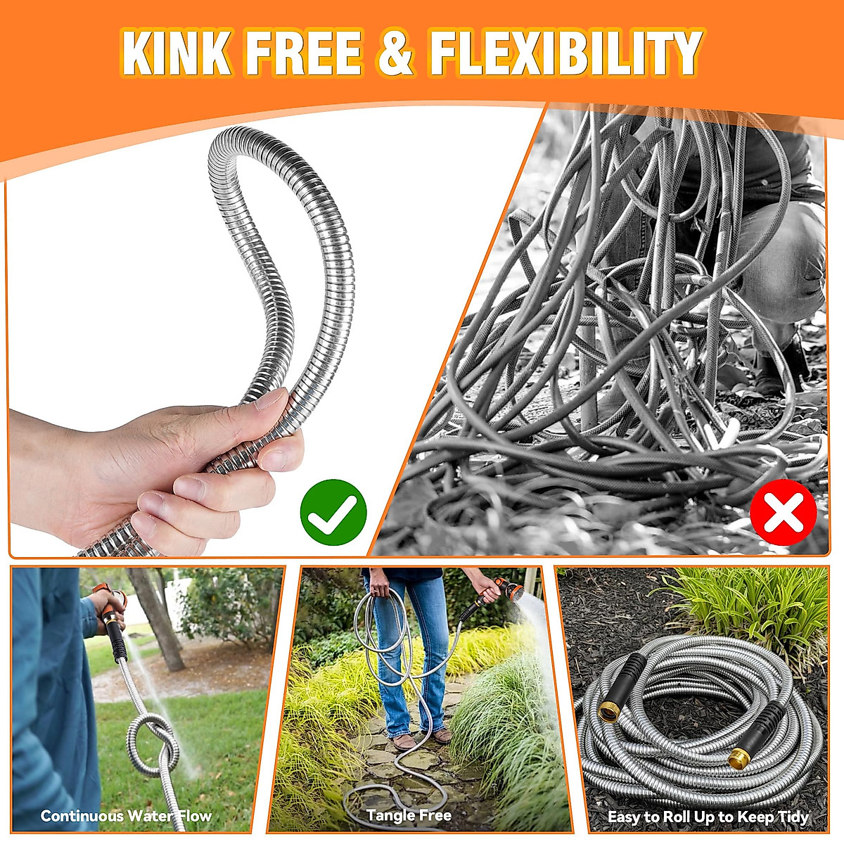 Garden Hose 50 ft - Metal Hose Flexible Garden Hose Stainless Steel Water Hose Lightweight Collapsible and No Kink Water Pipe