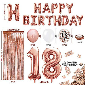 MOVINPE 18th Rose Gold Birthday Party Decoration, Happy Birthday Banner, Jumbo Number 18 Foil Balloon, 2 Rose Gold Fringe Curtain, Latex Confetti Balloon, Table Confetti for Girl Women Anniversary