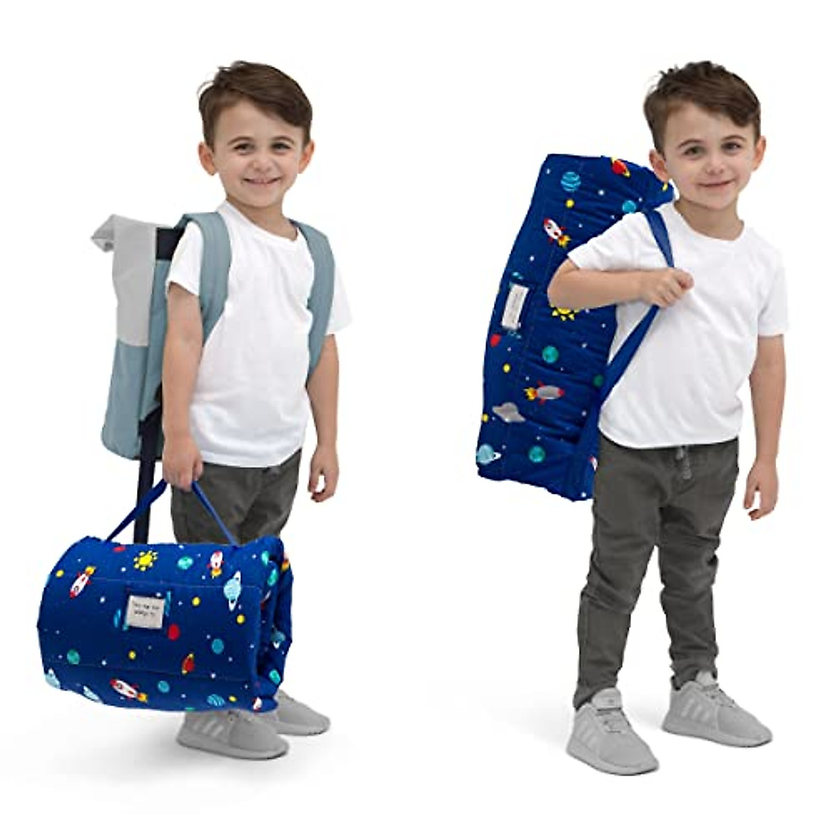 Delta Children Nap Mat with Included Pillow and Blanket for Toddlers and Kids; Features Carry Handle with Strap Closure and Name Tag; Rollup Design is Ideal for Preschool and Daycare, Space