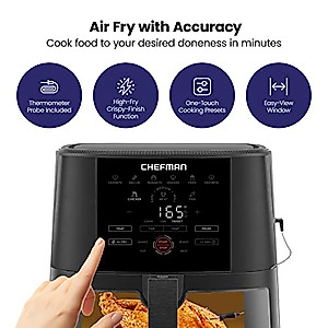 Chefman Air Fryer 8 Qt with Probe Thermometer, 8 Preset Functions, 1-Touch Digital Display Compact Cooker, Extra Large Nonstick Square Air Fryer Basket with Window, Dishwasher-Safe Parts, Black