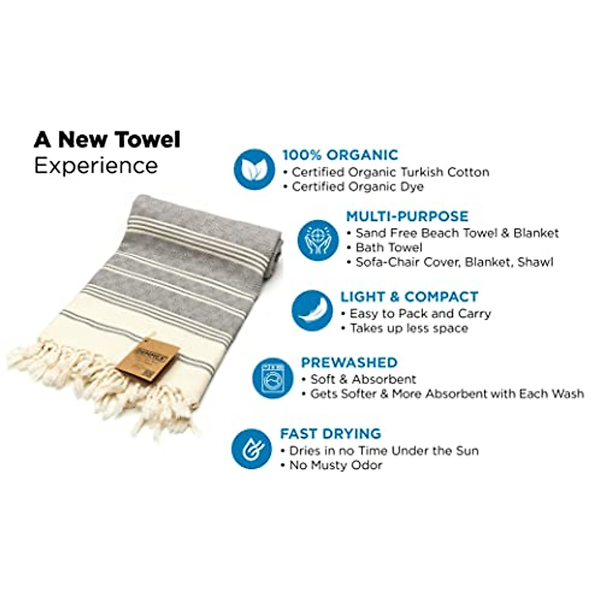 DEMMEX Ultra Soft Turkish Bath and Beach Towel - 100% Organic Cotton, Lightweight Quick-Dry Peshtemal, Prewashed, Diamond Weave, Oeko-TEX Certified, 71x36 - Luxury Beach, Spa, Bathroom Use, Dark Gray