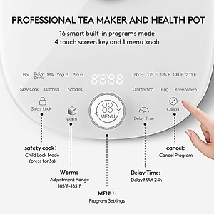 ICOOKPOT Programmable Electric Glass Kettle - 2 Liter Stainless Steel Tea Maker and Yogurt Maker with Tea Infuser, Egg Cooker and Temperature Control, WHITE