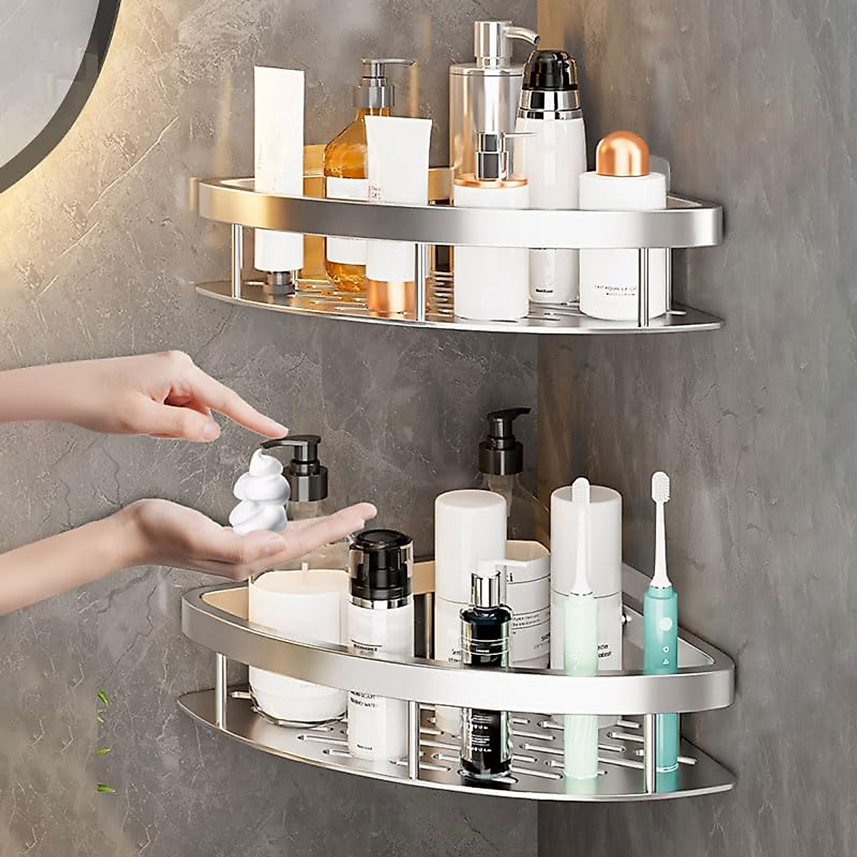 Kysren Bathroom Shower Caddy Corner: 2 Pack Shower Shelves, Sturdy Bathroom Organizers Wall Adhesive No Drilling, Shower Accessories Storage Holder