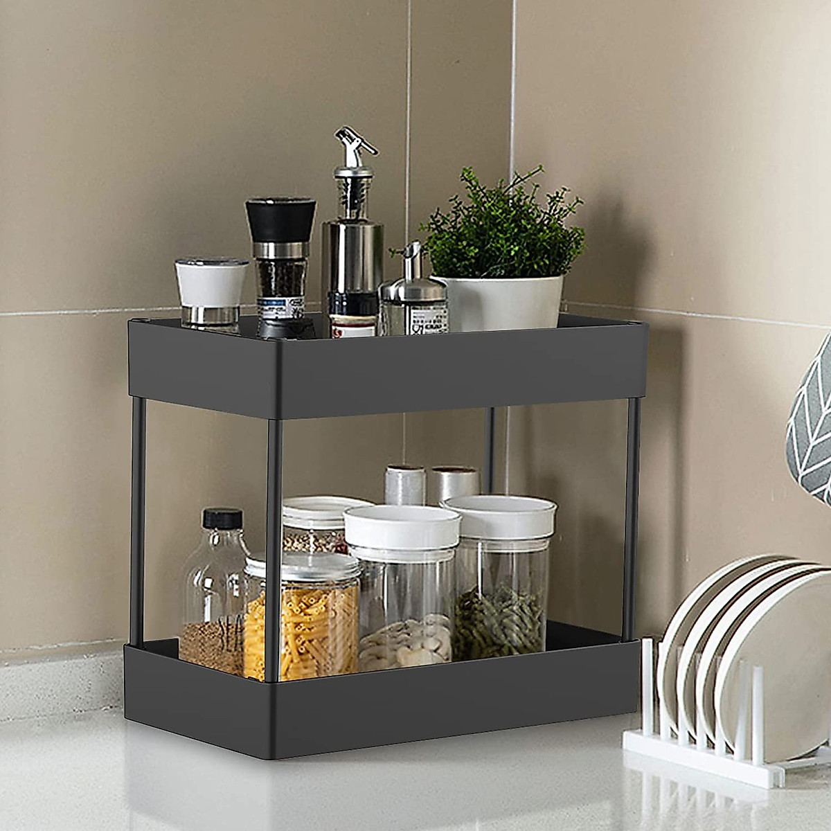 AntDesign Under Sink Organizer Kitchen Cabinet Storage, 2 Tiers Under Cabinet Bathroom Under Sink Shelf Basket Multi-purpose and Large Capacity with Hooks (White)