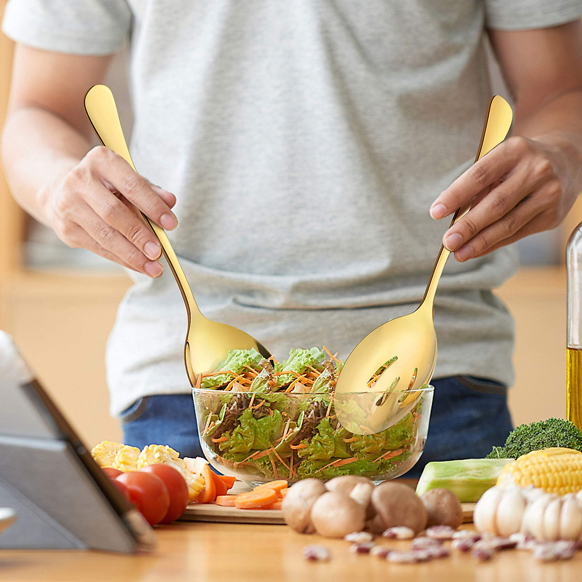 LIANYU 8-Piece Large Gold Serving Spoons, Gold Slotted Serving Spoons, 9.8Inch Stainless Steel Serving Utensils for Party Buffet Restaurant Banquet Dinner Catering, Dishwasher Safe