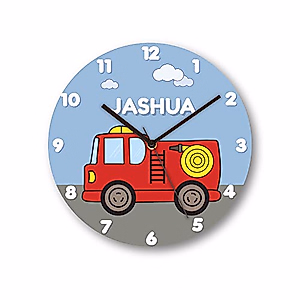 12 inch Personalized Fire Truck Kids Wall Clock, Kids Wall Clock with Name, Educational Clock, Silent Movement Non Ticking Quartz Wall Clocks, Kids Birthday Gift, Children Room Decor