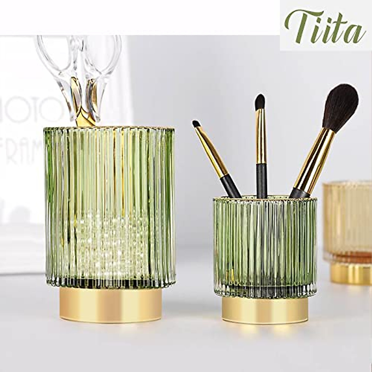 Tiita Glass Makeup Brush Holder Organizer - Crystal Clear Desktop Stationery Storage for Cosmetics, Vintage Style Makeup Brush Cup, Pen and Pencil Holder