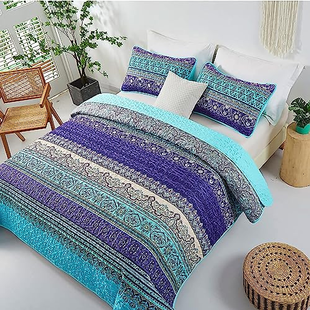 WONGS BEDDING Boho Quilt Set California King, Purple Bohemian Striped Pattern Printed Quilt Coverlet, Lightweight Microfiber Bed Decor Bedspread for All Season 106"x96"(3 Pieces, Cal King)