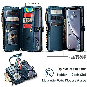 Defencase for iPhone XR Case, RFID Blocking for iPhone XR Wallet Case for Women Men with Credit Card Holder Zipper Pocket Book Flip PU Leather Protective Cover for iPhone XR Phone Case, Dark Blue