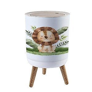 PHAIBHKERP Small Trash Can with Lid Watercolor Animal Lion Round Garbage Bin Press Cover Dog Proof Wastebasket for Bedroom Living Room Nursery Decor 1.8 Gallon
