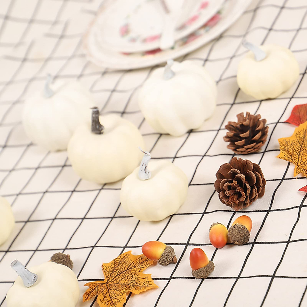 Loyilat Halloween Tray Decoration Simulation White Pumpkin Maple Autumn Fruit Bag Autumn Garland Accessories Ornament Thanksgiving Halloween Home Decoration