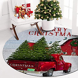 Round Area Rugs 4ft, Red Retro Truck and Christmas Tree Indoor Throw Runner Circle Rug Entryway Doormat Floor Carpet Pad Yoga Mat for Bedroom Living Room Farm Wood Barn