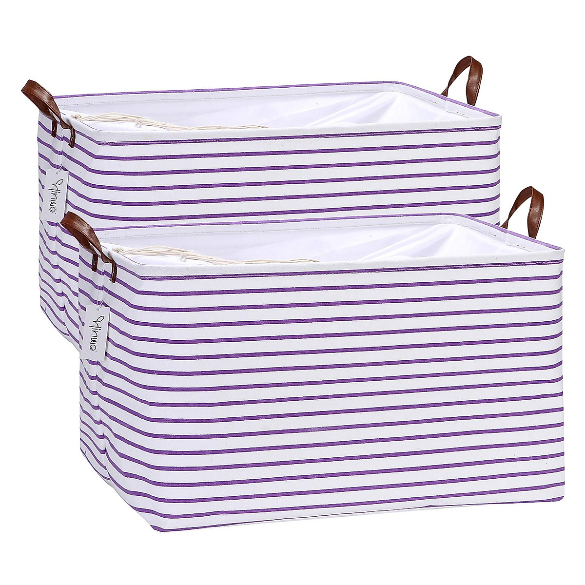 Hinwo 2-Pack Extra Large Canvas Fabric Storage Baskets with Handles, 70L Oversized Storage Bins, Collapsible Storage Box, Clothes, Toys, Blankets Organizers, 22 x 15 x 13 inches, (Purple Stripe)