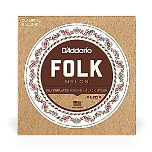 D'Addario Guitar Strings - Folk Nylon Guitar Strings - EJ32 Classical Guitar Strings - Nylon Core, Ball End - Silver Plated Wrap, Black Nylon Trebles