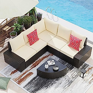 6 Pieces Patio Furniture Set All Weather Outdoor Couch, Modular Outdoor Sectional Sofa, Rattan Wick Patio Conversation Sofa Set with Washable Cushions & Glass Table for Deck, Porch, Backyard, Black