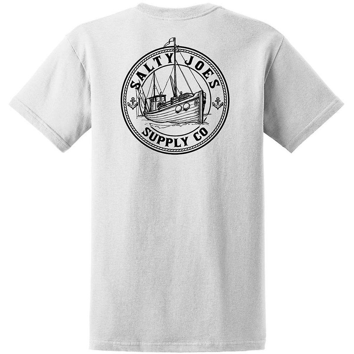 Joe's USA Salty Joe's Mens Fishing Trawler Logo Heavyweight T-Shirt, Small, White/Black