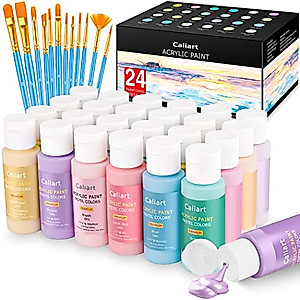 Caliart Pastel Acrylic Paint Set with 12 Brushes, 24 Pastel Colors (59ml, 2oz) Art Craft Paint for Artists Students Kids Beginners, Halloween Decorations Canvas Ceramic Wood Rock Painting Supplies Kit