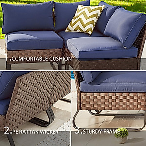 LOKATSE HOME 3 Pcs Outdoor Rattan Furniture Patio Conversation Sectional Set All-Weather Wicker Corner Sofa Metal Armless Chair with Cushion, Blue