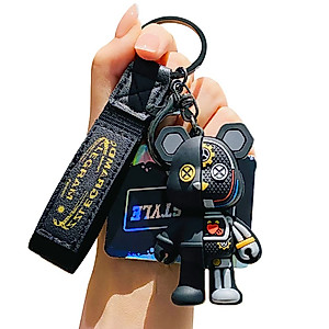 HSYHERE Fashionable Cool Half Mechanical Body Standing Bear Keychain, Stylish soft silicon Bear Key Ring Collection Bag Pendant New Year Christmas Valentine Gift Car Key Metal Keyring -Black